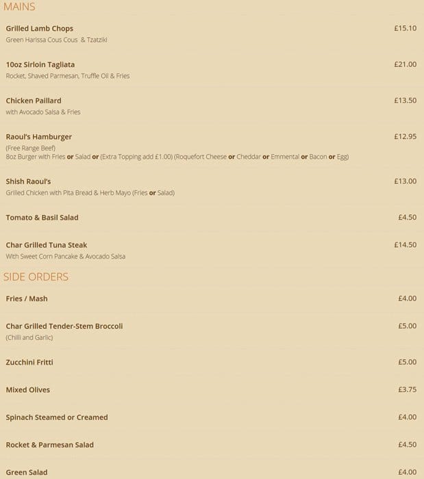 Menu at Raoul's cafe, London, 105 - 107 Talbot Rd