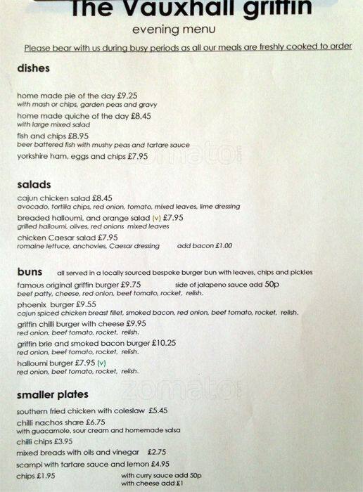 Menu at The Griffin Belle pub & bar, London