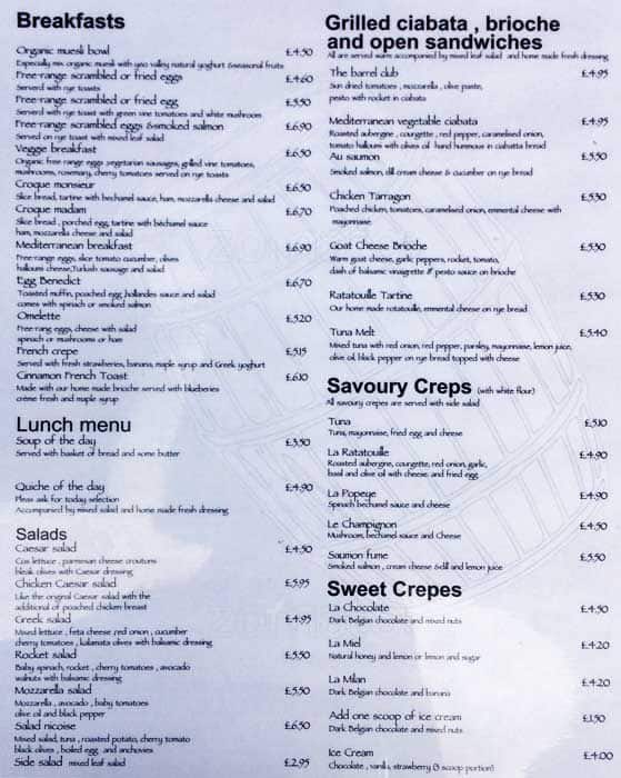 Menu at The Barrel Boulangerie, London, 68 Kingsland Rd