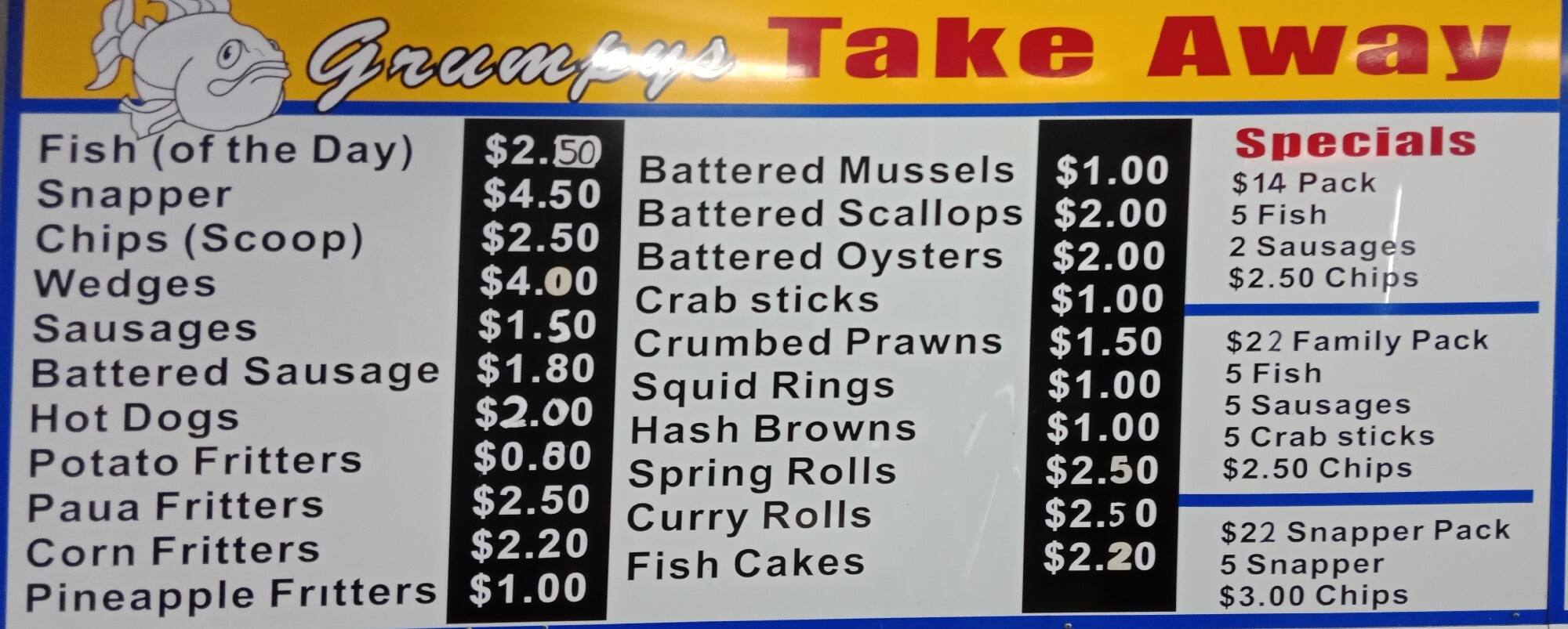 Menu at Grumpys restaurant, Auckland