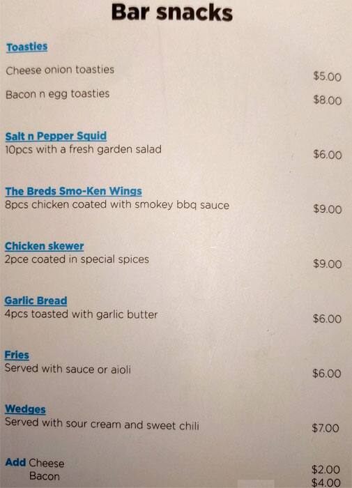 Menu at Thoroughbred Sports Bar, Auckland