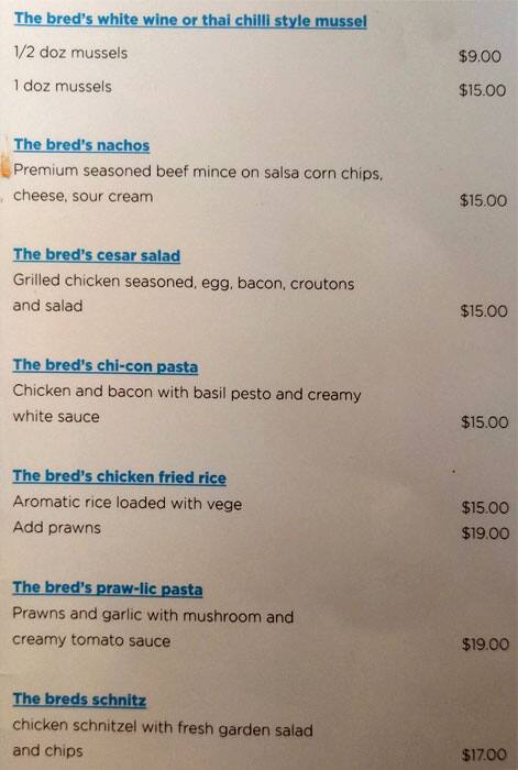 Menu at Thoroughbred Sports Bar, Auckland
