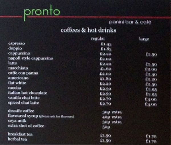 Menu at Pronto Panini Bar and Cafe, Edinburgh