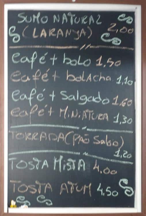 Menu at Casa Nossa cafe, Lisbon