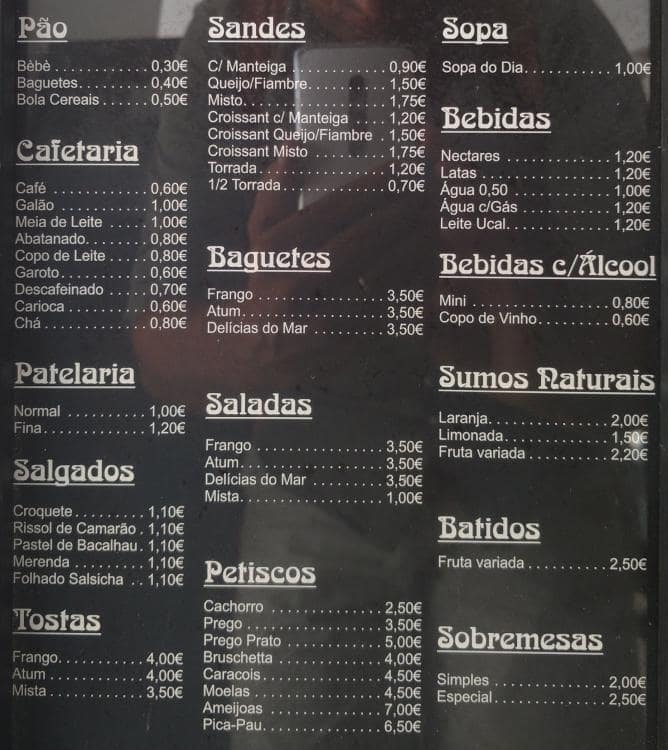 Menu at Casa Nossa cafe, Lisbon