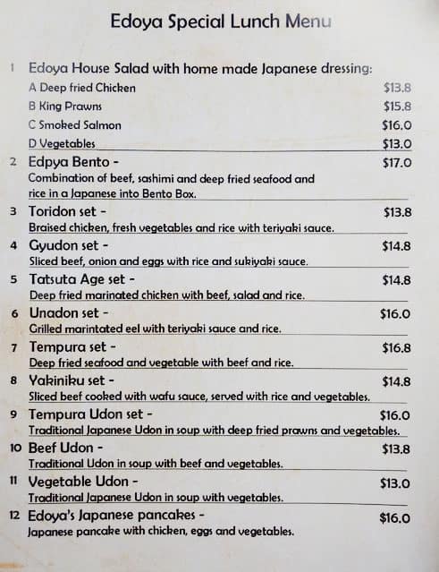 Menu at Edoya restaurant, Doncaster East