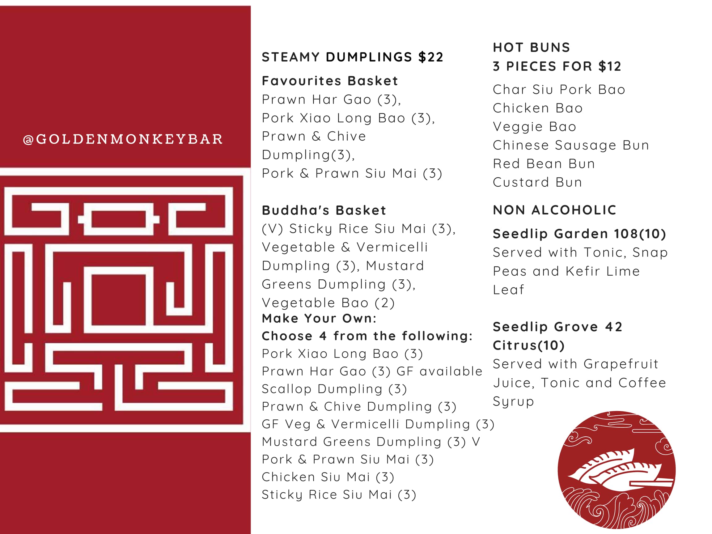 Menu at Golden Monkey restaurant, Melbourne, Basement