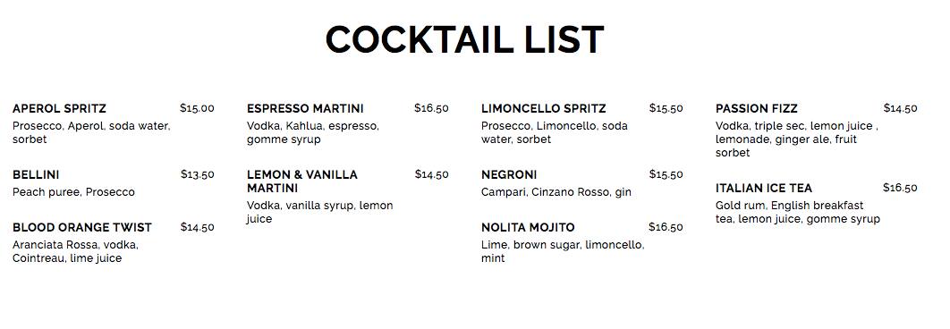 Menu at Nolita restaurant, Claremont
