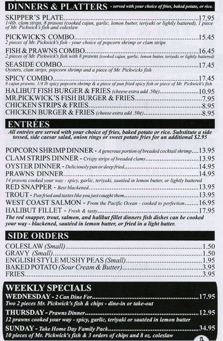 Menu at Mr Pickwick's Fish & Chips restaurant, Surrey