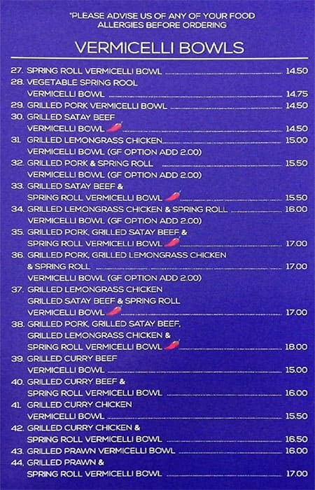 Menu at Saigon Moon restaurant, Black Diamond