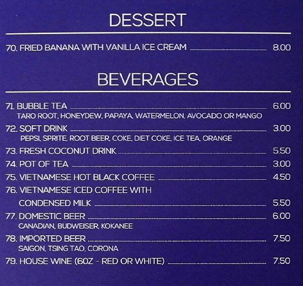 Menu at Saigon Moon restaurant, Black Diamond