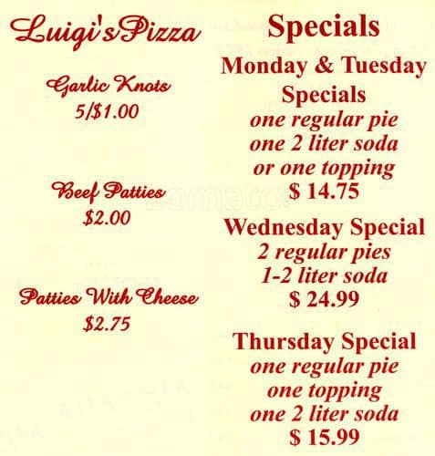 Menu at Luigi's Pizza pizzeria, New York City, 686 5th Ave