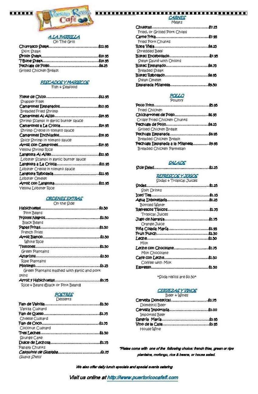 Menu at Puerto Rico's Cafe, Kissimmee