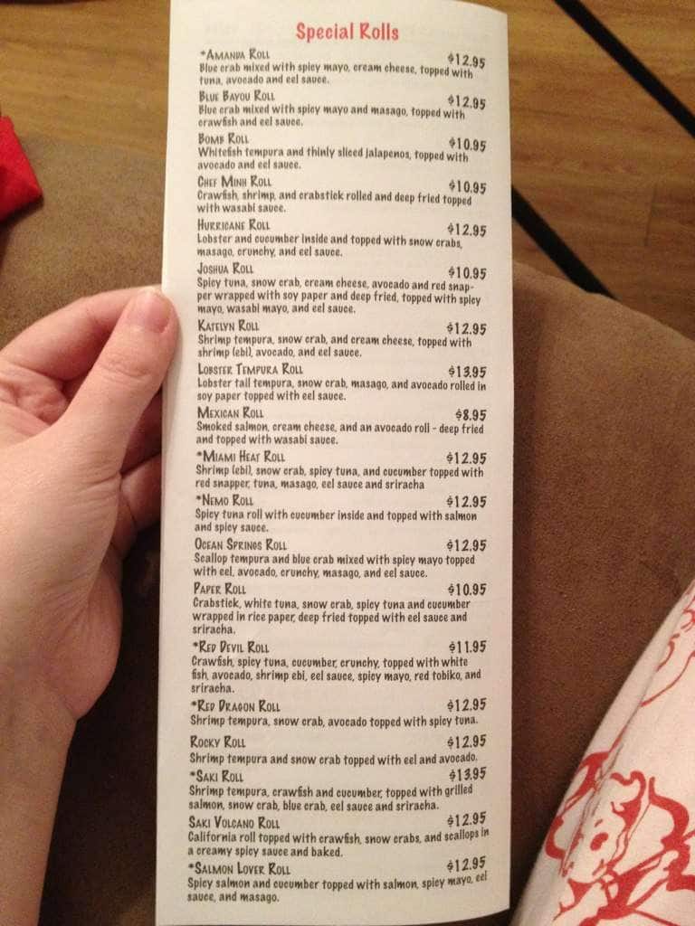 Menu at Saki restaurant, Ocean Springs