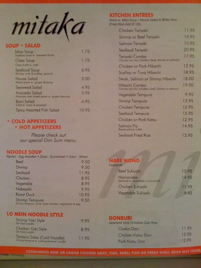 Menu at Mitaka restaurant, Harrisburg