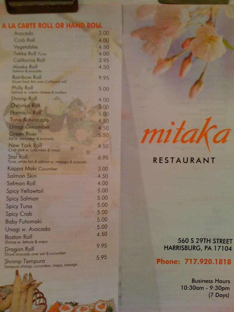 Menu at Mitaka restaurant, Harrisburg