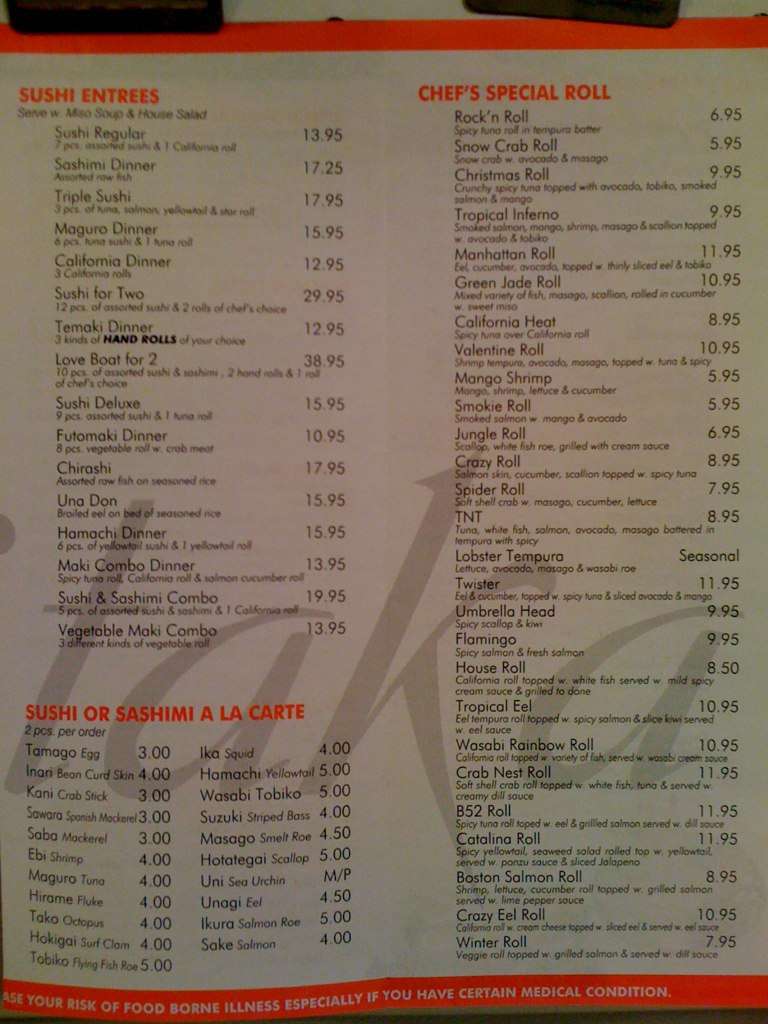 Menu at Mitaka restaurant, Harrisburg