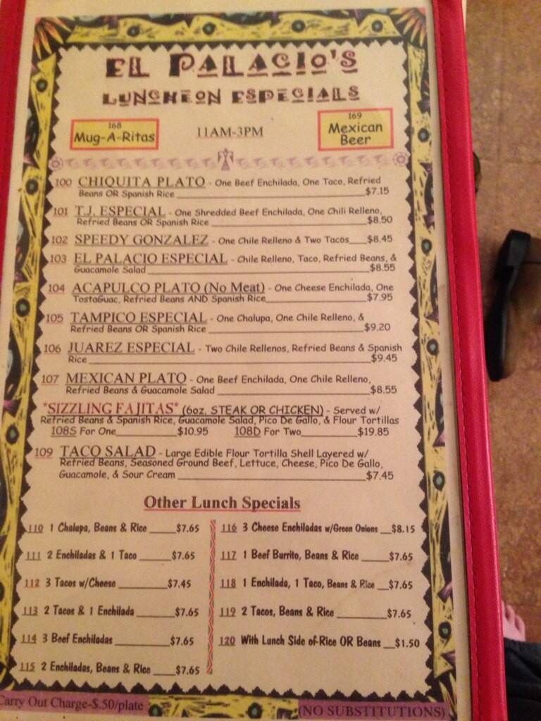 Carta del restaurante El Palacio of Mexican Food, Huntsville, Memorial ...