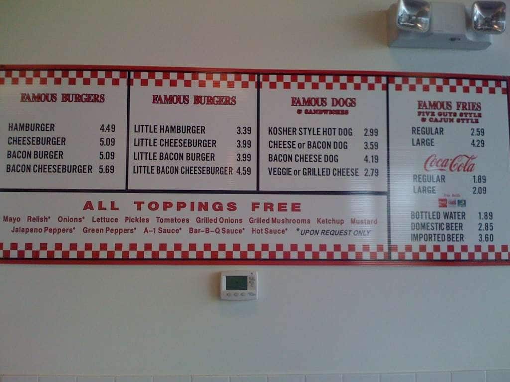 Menu at Five Guys restaurant, Macon