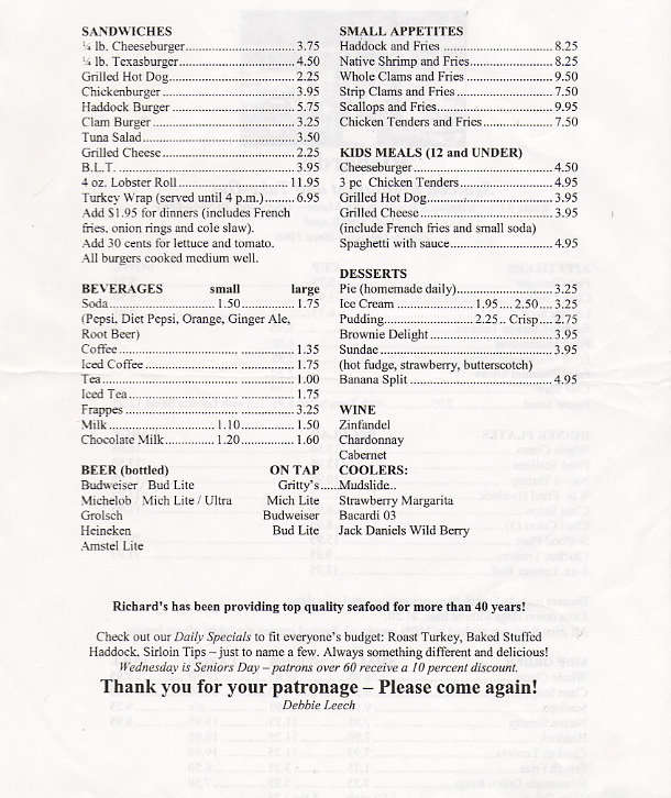 Menu at Richard's Seafood Restaurant, Wells, N Berwick Rd