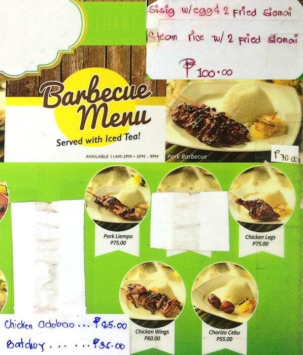 Carta de barbacoa Shamrock Pasalubong Center, Cebú, Honoria Paras Bldg