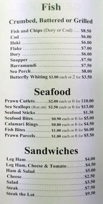 Menu at George's Snack Bar, Mitchelton