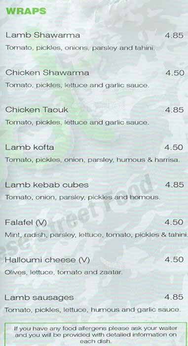 Menu at Bayroot restaurant, London, 8 Camberwell Rd