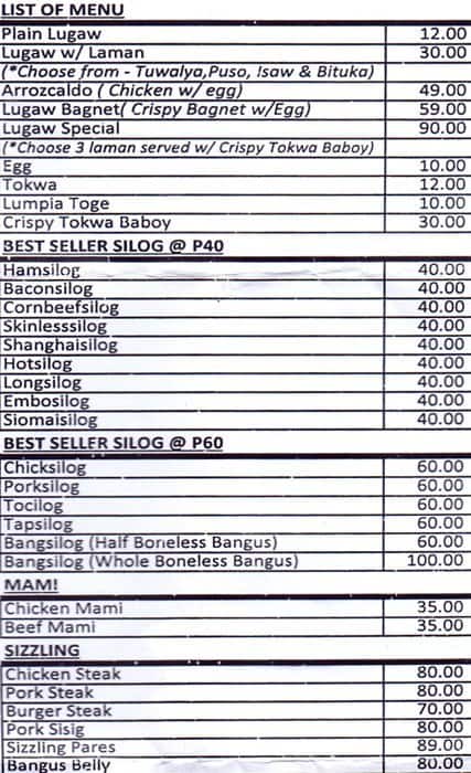 Mang Boy Lugawan & Eatery Menu - Zomato Philippines