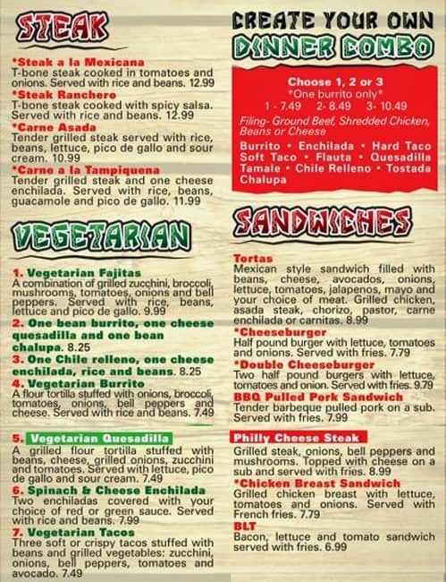 Menu at Fiesta Veracruz restaurant, Wilmington