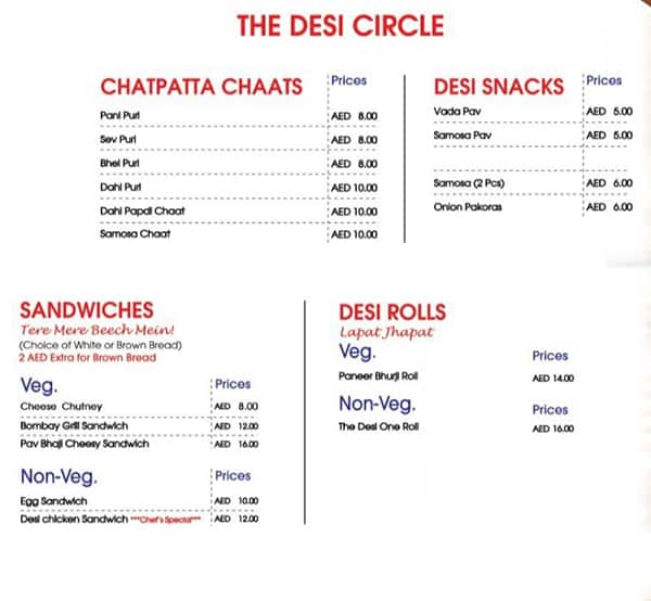 Menu at The Desi Circle restaurant, Dubai