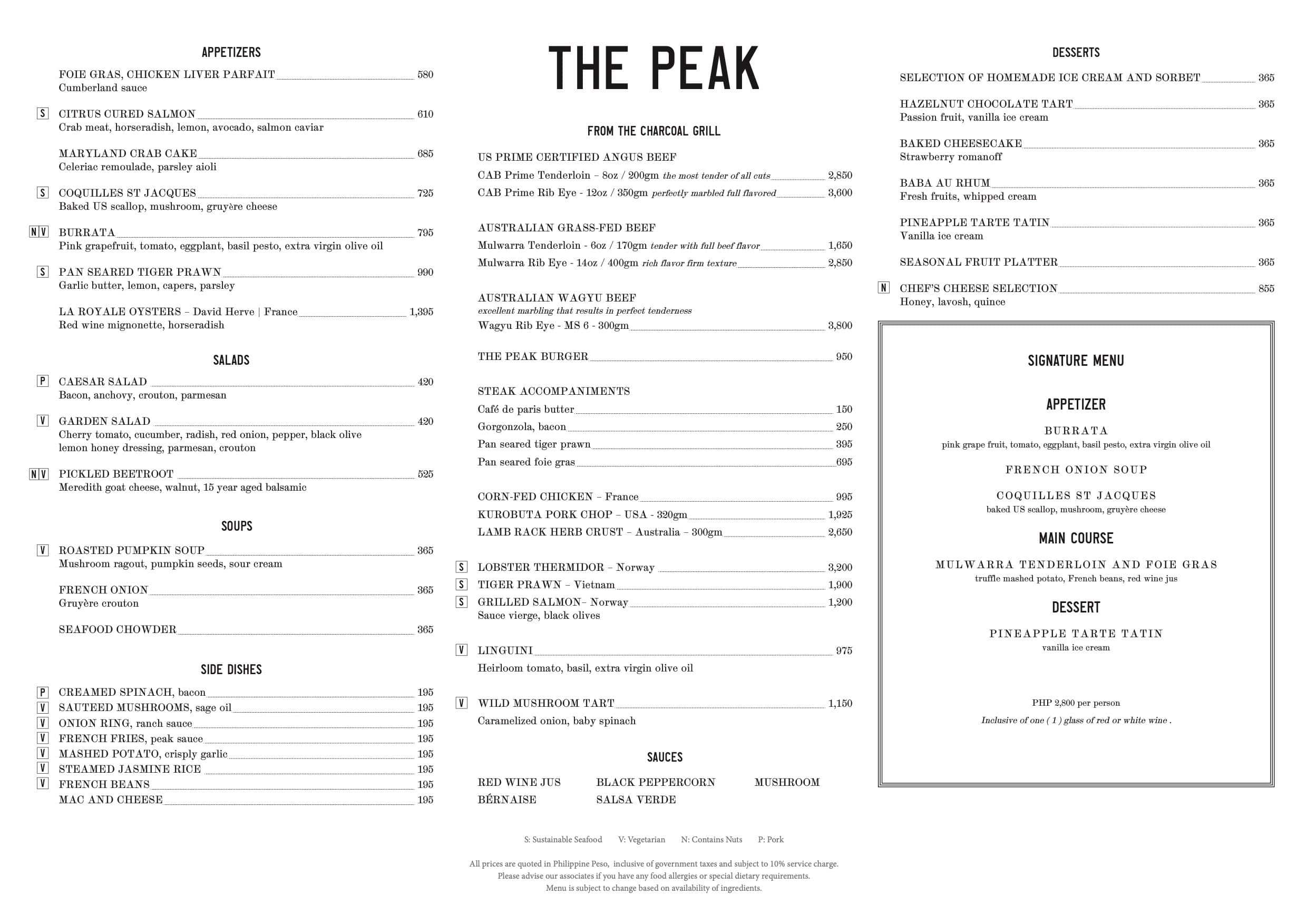 Menu at The Peak Grill pub & bar, Taguig