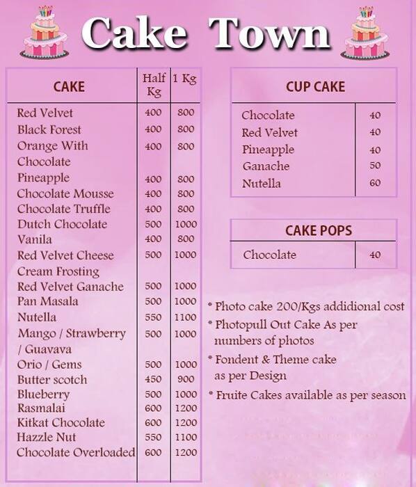 Menu of Cake Town, Mulund West, Mumbai