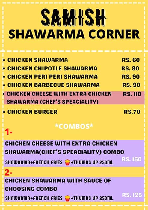 Menu of Samish Shawarma Corner, Parel, Mumbai