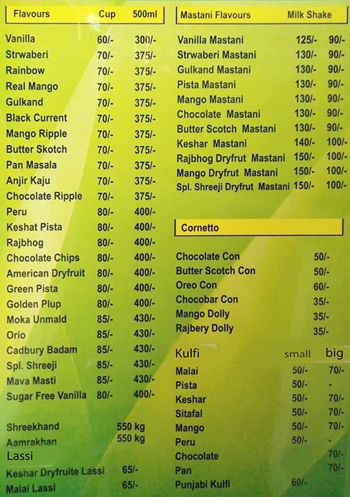 Menu of Shreeji Icecream, Chinchwad, Pune