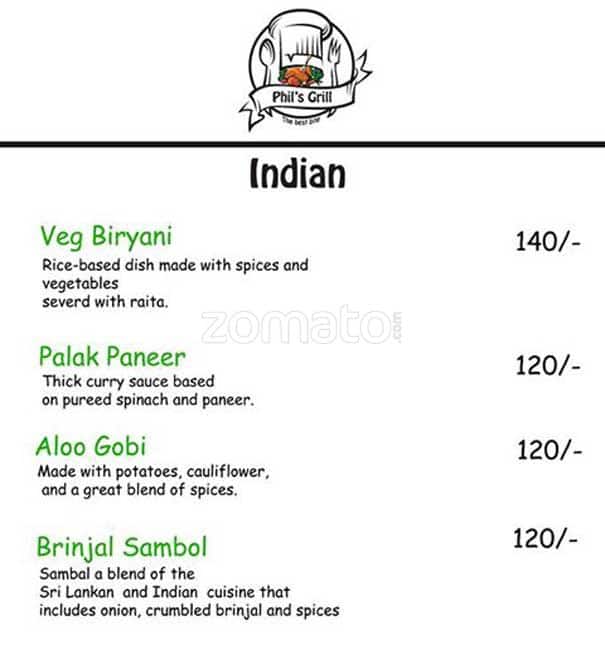 Menu at Phil's Grill, Howrah, 44A