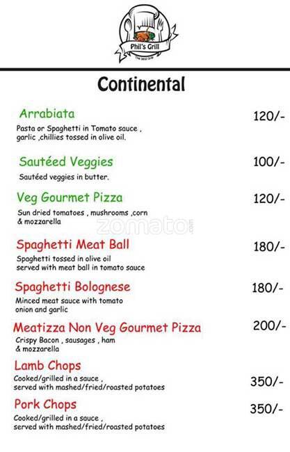 Menu at Phil's Grill, Howrah, 44A