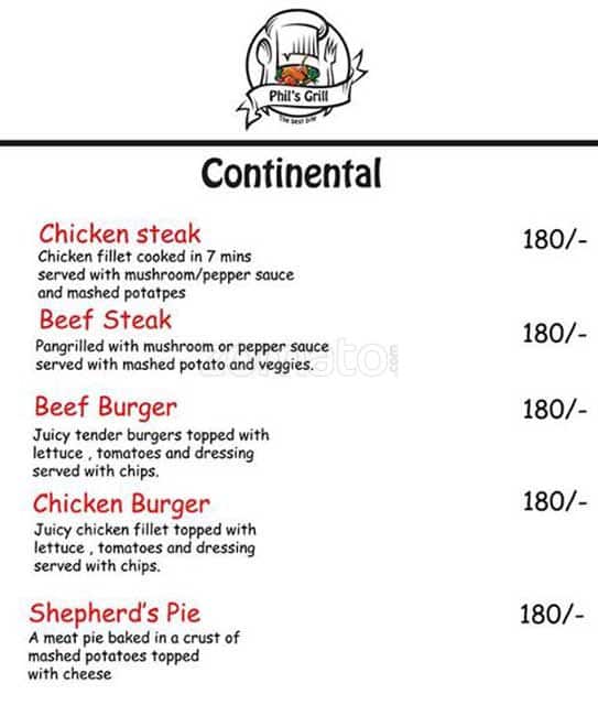 Menu at Phil's Grill, Howrah, 44A