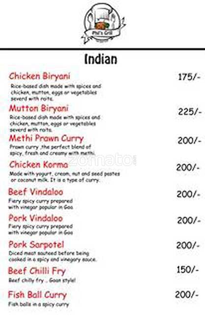 Menu at Phil's Grill, Howrah, 44A