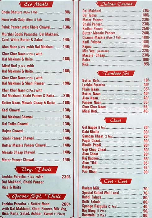 Menu of Grover Sweets, Uttam Nagar, New Delhi