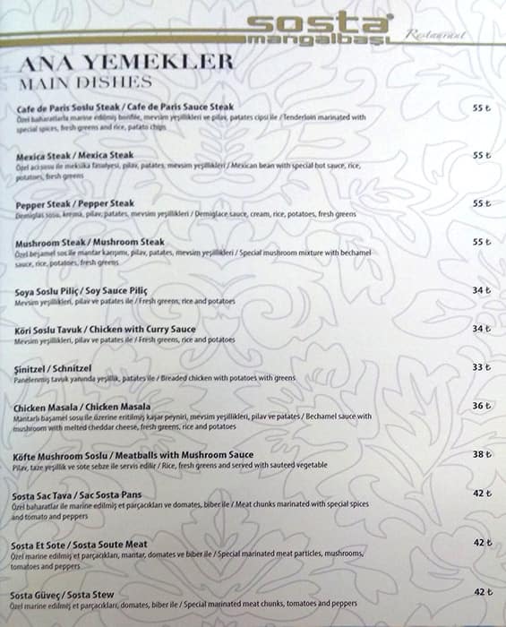 Carta de Sosta Restaurant Mangalbaşı, Estambul