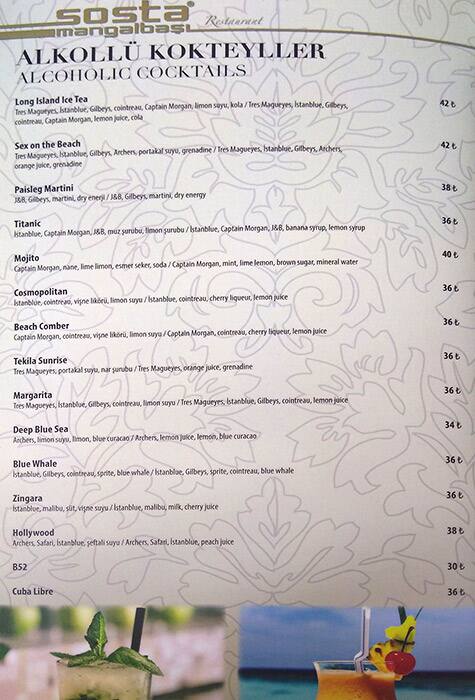 Menu at Sosta Restaurant Mangalbaşı, Istanbul