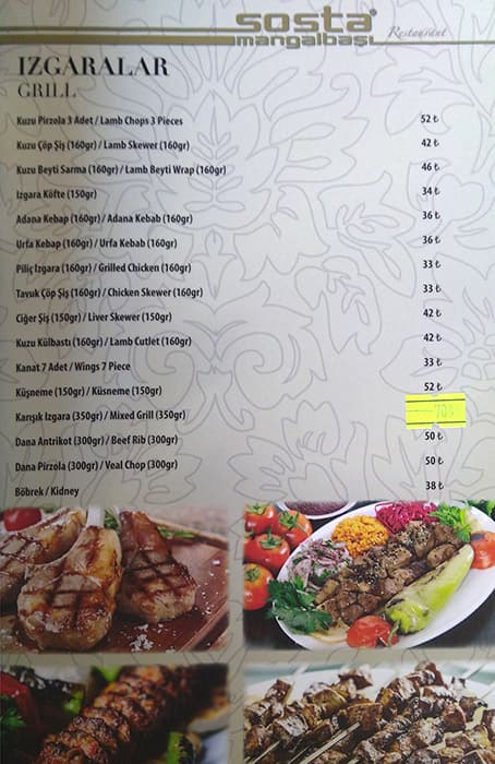 Carta de Sosta Restaurant Mangalbaşı, Estambul