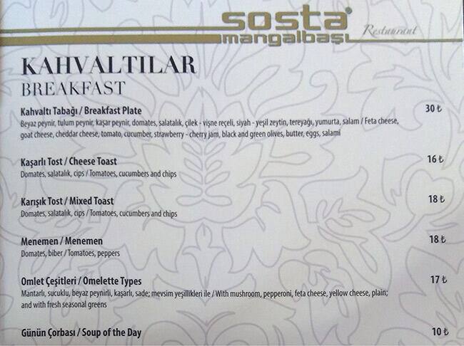 Carta de Sosta Restaurant Mangalbaşı, Estambul