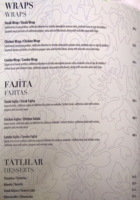 Carta de Sosta Restaurant Mangalbaşı, Estambul
