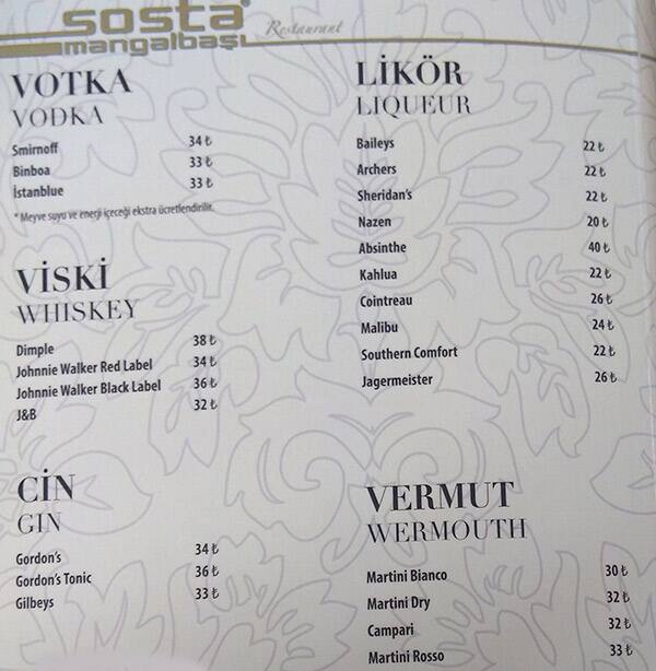 Carta de Sosta Restaurant Mangalbaşı, Estambul