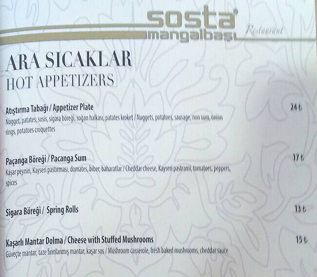 Carta de Sosta Restaurant Mangalbaşı, Estambul