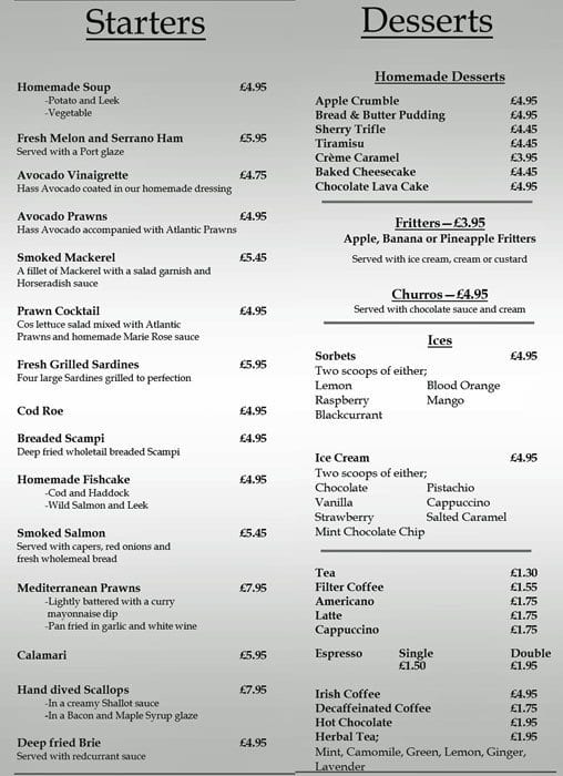 Menu at North Sea Fish restaurant, London