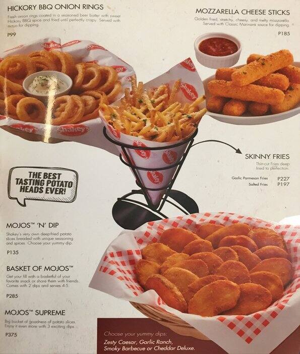 Menu at Shakey’s (Quirino Highway) fast food, Manila
