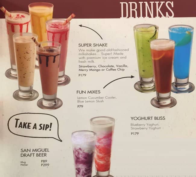 Menu at Shakey’s (Quirino Highway) fast food, Manila