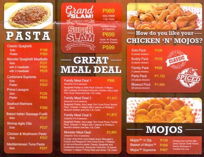 Menu at Shakey’s (Quirino Highway) fast food, Manila